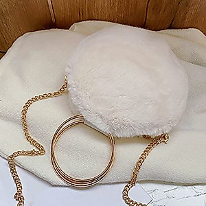 SUKUTU Girls Faux Fur Round Top Handle Bag Ring Handle Clutch Soft Furry Purse for Autumn and Winter