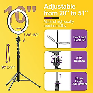 EMART 10” Selfie Ring Light, Round Light with Adjustable Tripod Stand & Phone Holder for Live Stream/Makeup/YouTube Video/TikTok Photography, Dimmable 3 LED Light Modes 10 Brightness Levels