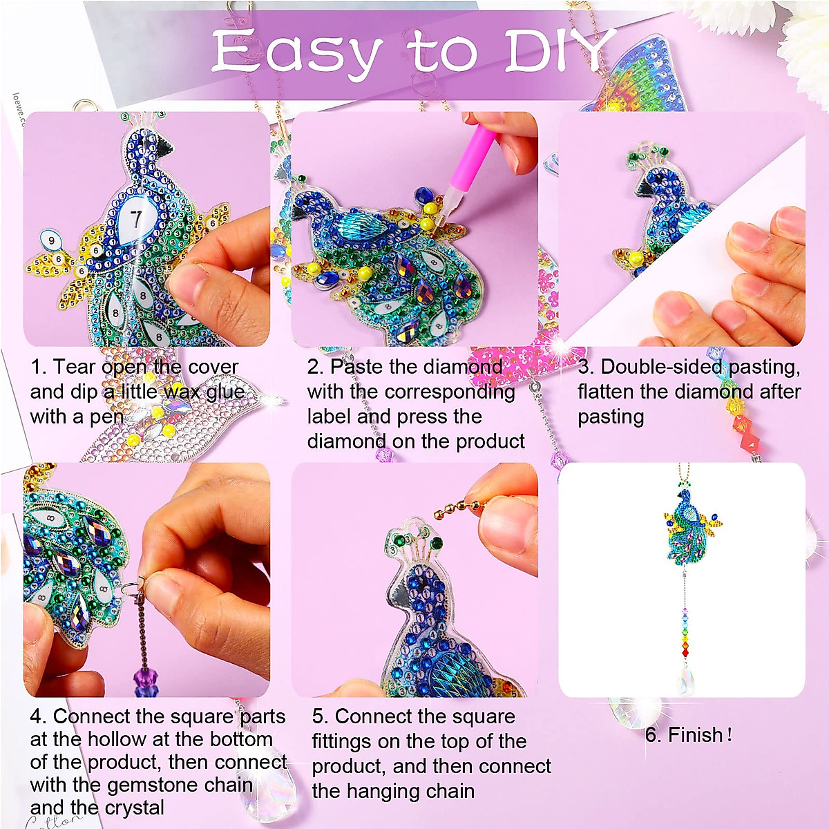 Queekay 4 Pieces Diamond Art Sun Catcher DIY Wind Chime Kit Hanging Double Sided Hummingbird Butterfly Cat Peacock Shape Crystal Number Ornament for Adults Kids Home Garden Decoration