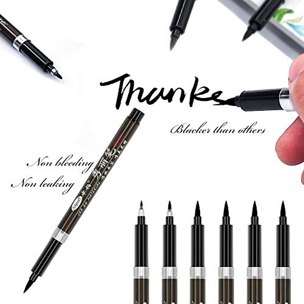 Rilanmit Calligraphy Pens Set for Beginners, Hand Lettering Pens Brush Drawing Markers Kits Chinese Japenese Pens Black Ink for Journaling, Writing, Art Drawing, 3 Size(Pack of 6)
