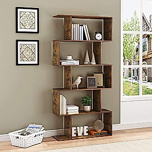 Yusong Bookshelf 5-Tier, Geometric Bookcase S Shaped Book Shelves for Bedroom, Modern Industrial Wood Decorative Display Shelf Book Case for Home Office, Rustic Brown