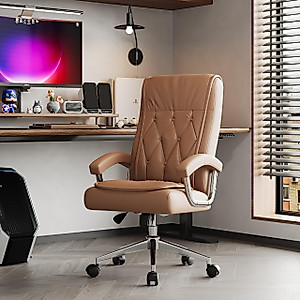 Hoxne Leather Executive Office Chair with Arms and Wheels, High Back Ergonomic Computer Desk ChairAdjustable Height Swivel Office Desk Chair, 350LBS Capacity (Khaki)