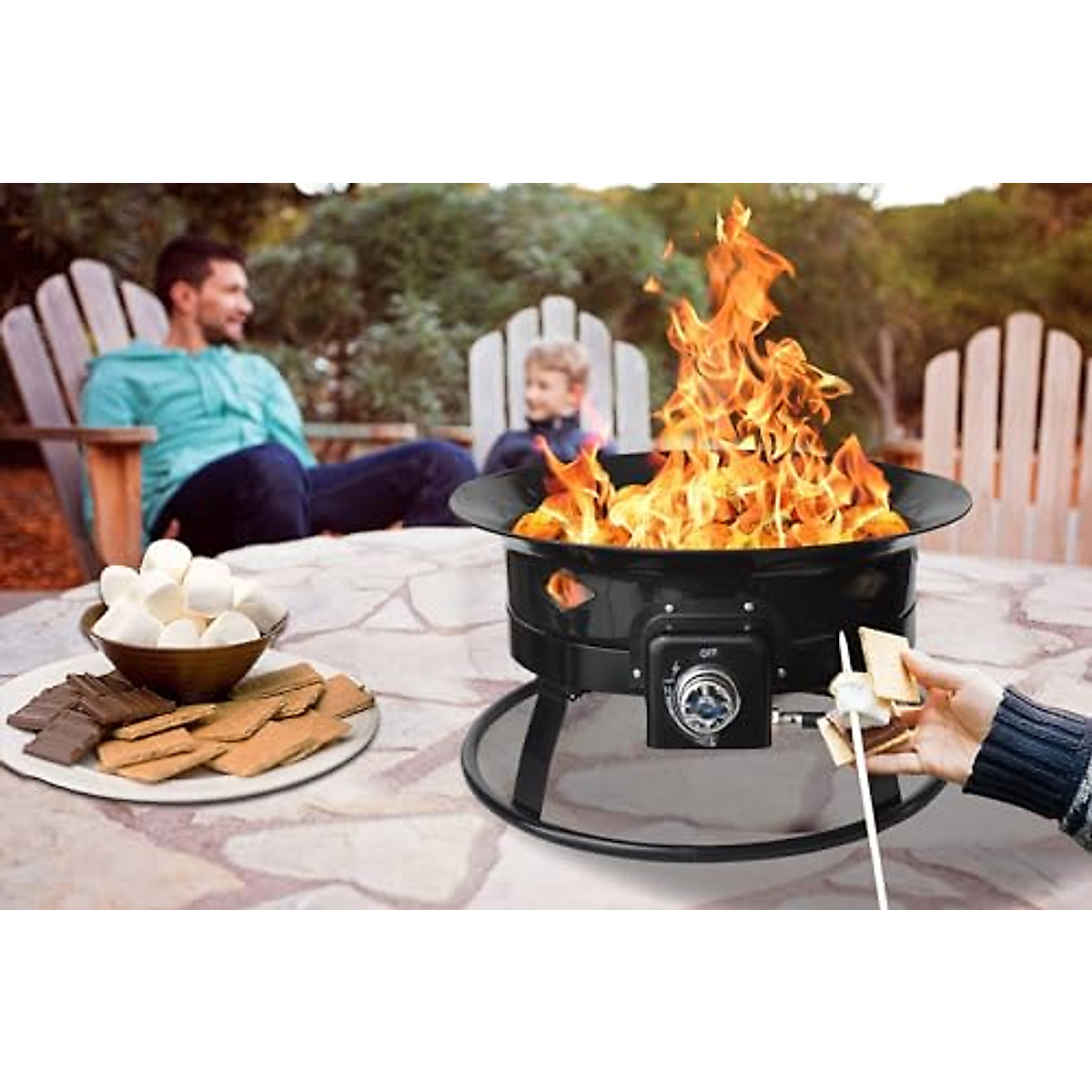 Flame King Smokeless Propane Fire Pit, 19-inch Portable Firebowl, 58K BTU with Self Igniter, Cover, & Carry Straps for RV, Camping, & Outdoor Living