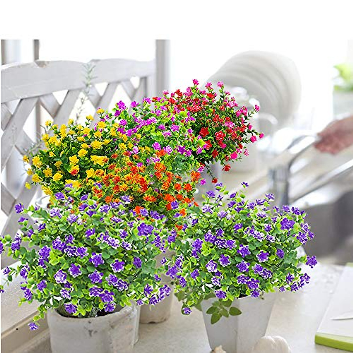 Grunyia 10 Bundles Artificial Fake Flowers, Faux Outdoor Plastic Plants UV Resistant Shrubs Outside Indoor Decorations (Blue-Eucalyptus)