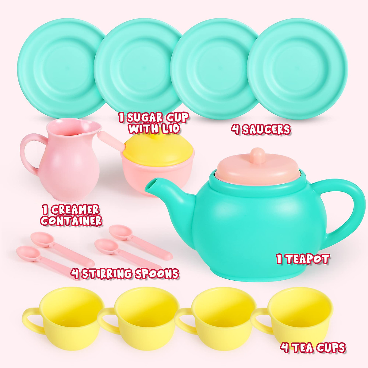 JOYIN 18PCS Pretend Play Tea Party Set Play Food Accessories BPA Free, Phthalates Free, Plastic Tea Set, Mini Kitchen for Kids, Gifts for Toddler Boys Girls Ages 3,4,5,6 Years Old