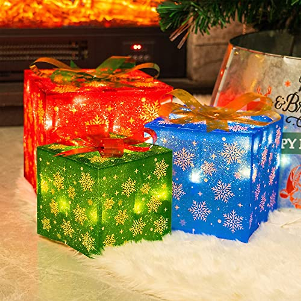 FUNPENY Set of 3 Christmas Lighted Gift Boxes, 50 LED Christmas Box Decorations, Presents Boxes (Snowflake)
