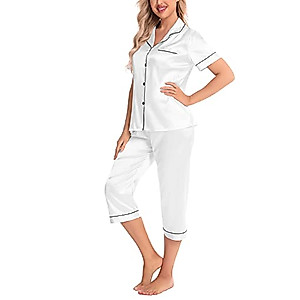 SWOMOG Satin Pajama Set Women Silk Pjs Set Short Sleeve 2 Piece Button Down Sleepwear Lounge Sets White