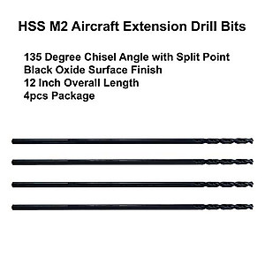 MAXTOOL 1/8"x12" 4pcs Identical Aircraft Extension Drills HSS M2 Extra Long Deep Twist Drill Bits Straight Shank Fully Ground Black; ACF02B12R08P4