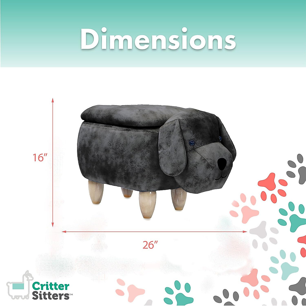 Critter Sitters 15-Inch Seat Height Dark Gray Dog Storage Ottoman, Faux-Suede Kids Ottoman for Nursery, Bedroom, Playroom, and Living Room Decor, Multifunctional Cushioned Animal Foostool for Toddlers