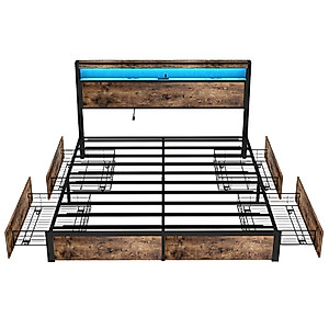 SADENICEL Queen Bed Frame with Storage Headboard and 4 Drawers, Metal Platform Bed Frame with LED Light, Charging Station, No Box Spring Needed, Noise Free, Easy Assembly, Vintage Brown
