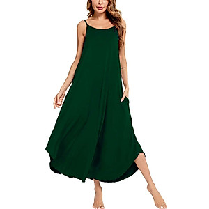 SWOMOG Women Long Nightgown Pajama Dress Soft Strap Nightdress Summer Sleeveless Nightshirt Lounge Dress with Pockets Green Medium