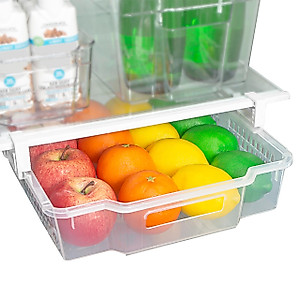 Smart Design Adjustable Pull Out Refrigerator Drawer - Extra Large - BPA Free Plastic - Holds 20 lbs - Extendable Sliding Fridge Bin, Freezer, Pantry Food Holder Storage Organizer - Kitchen - Clear