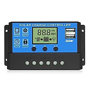EEEKit 20A Solar Charge Controller, 12V/24V Solar Panel Battery Intelligent Regulator with Dual USB Port PWM Auto Parameter Timer Setting Adjustable LCD Display, Blue