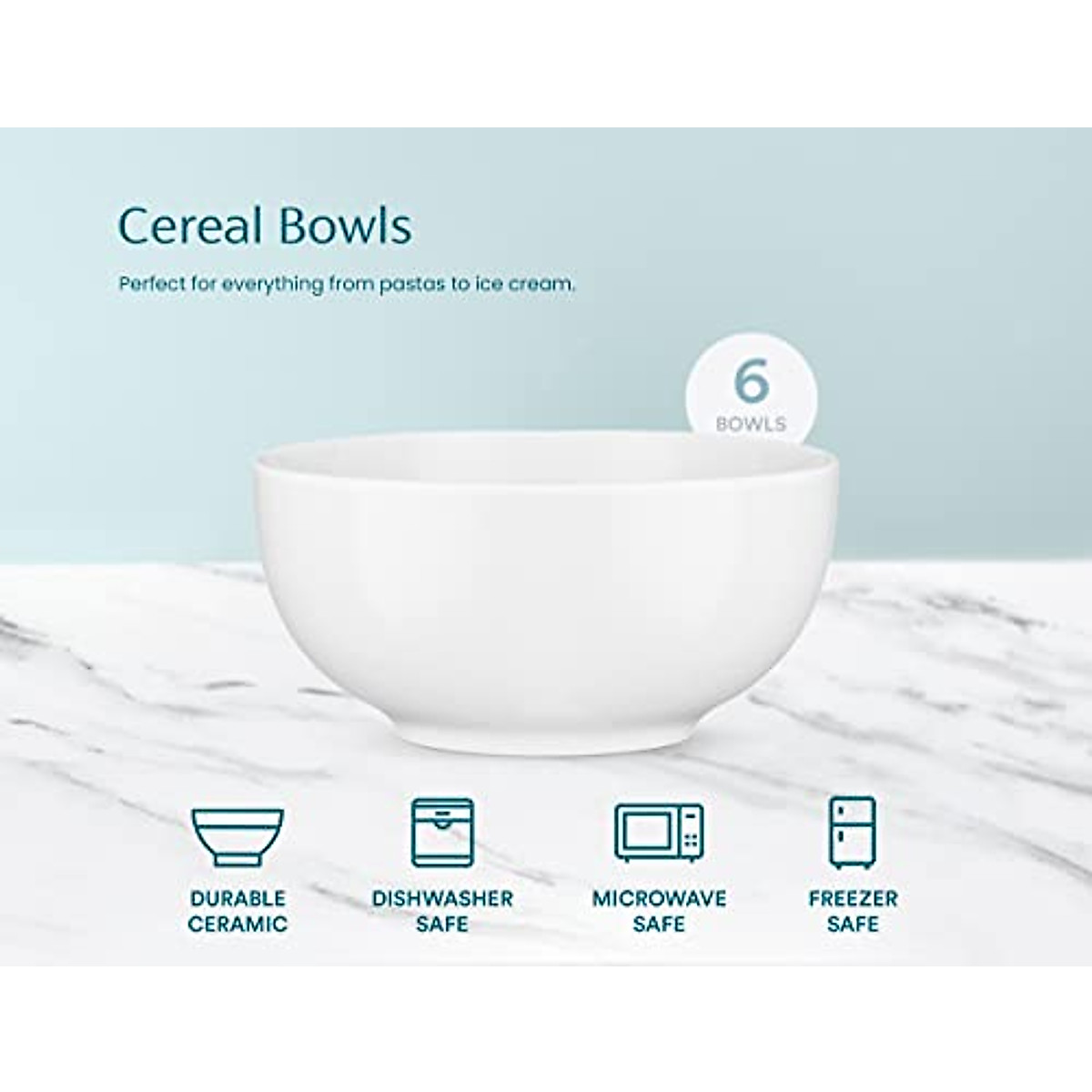 KooK Ceramic Cereal Bowls, Microwave, Dishwasher and Freezer Safe, Porcelain Dishes for Soup, Pasta, Salad, Oatmeal, Deep Interior, 24 oz (White 6 Inch)