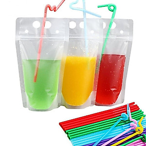 Herdro 100 Pack Clear Drink Pouches Bags with Straws - Reclosable Zipper Stand-up Plastic Pouches Bags Drinking Bags - 9.1" x 5.2"/17 Oz