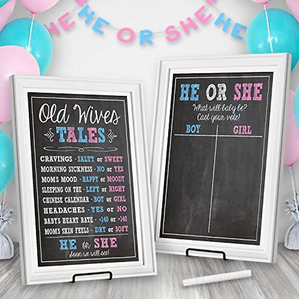 Katie Doodle Gender Reveal Decorations, Gender Reveal Games for Guests, Baby Boy or Girl Gender Reveal Party Supplies Kit - Includes 3 Game Posters (11x17), 1 Chalk Marker (Erasable), 3 Signs (8x10)