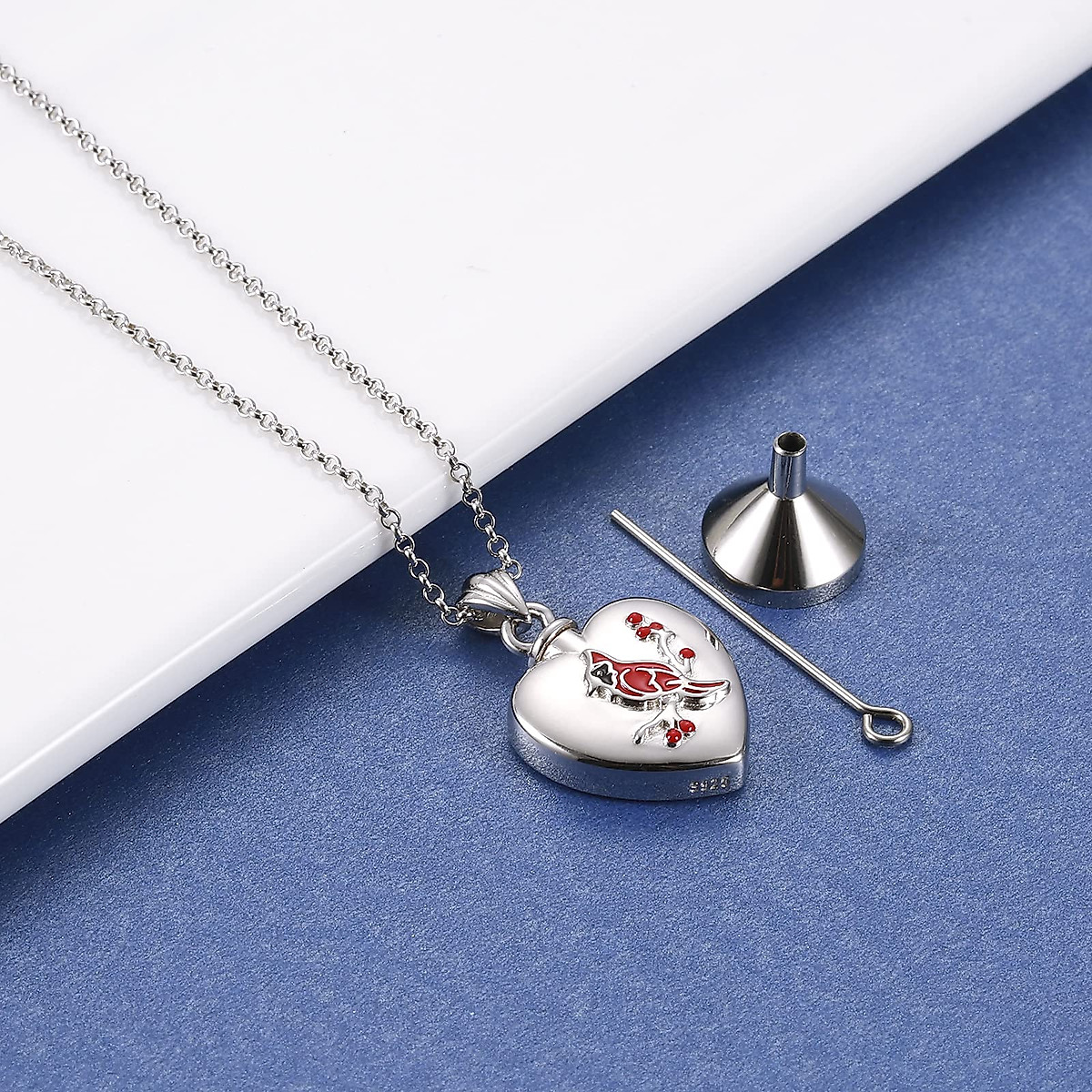 Sterling Silver Cremation Urn Jewelry - Cardinal Heart Cremation Keepsake Pendant Necklace Bracelet Memorial Jewelry Gifts for A Loss of The Loved One (Necklace)