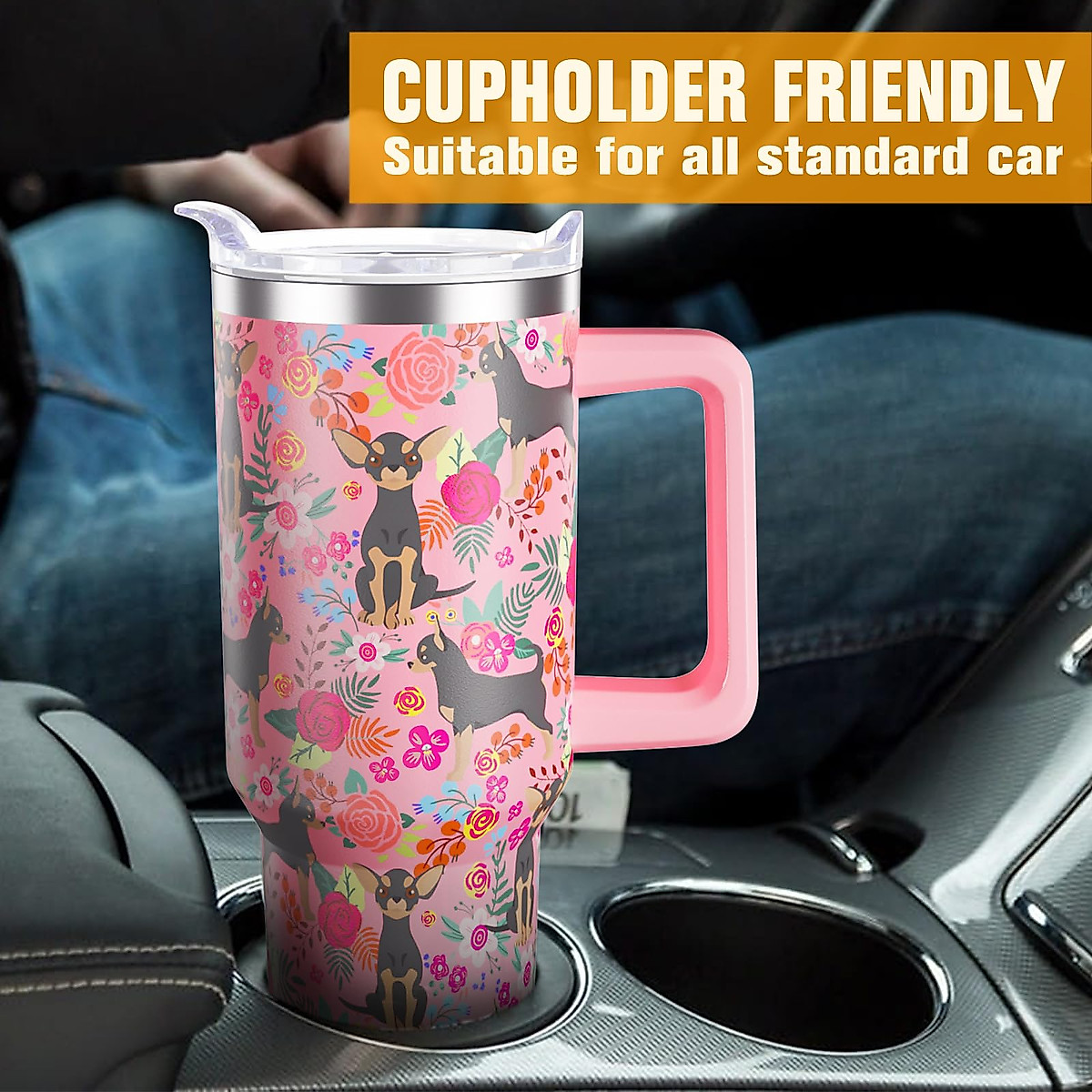 owbgsdh Chihuahua Gifts for Women Dog Lovers 40 oz Floral Chihuahua Tumblers with Handle and Straw, Stainless Steel Vacuum Insulated Travel Coffee Mug Cup Water Bottle