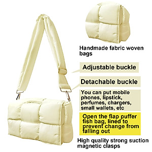 Women's shoulder bag puffer cassette purse hand woven down fabric cotton padded handbag (Light Yellow)