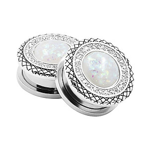 Qmcandy 2pcs 00g Stainless Steel White Opal Screw Ear Plugs Gauges Piercing