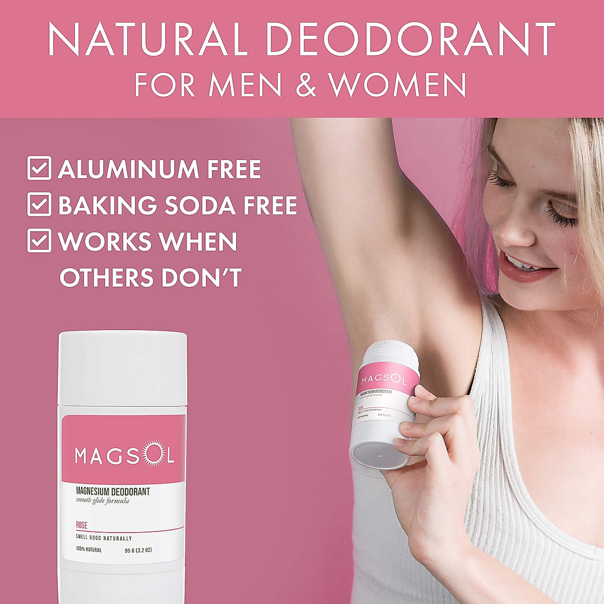 MAGSOL Organics Natural Deodorant for Women - Aluminum Free Deodorant for Women, Rose, 3.2 oz