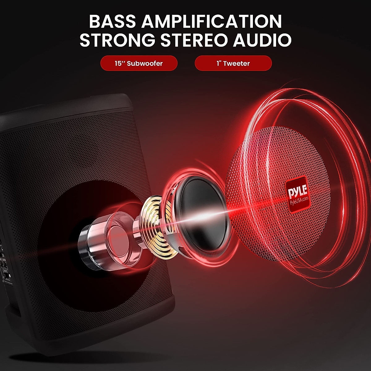 Pyle Portable Bluetooth PA Speaker - 500W 15” Rechargeable Outdoor BT Karaoke Audio System - TWS, Party Lights, LED Display, FM/AUX/MP3/USB/SD, 6.5mm In, Carry Handle - Wireless Mic, Remote Control