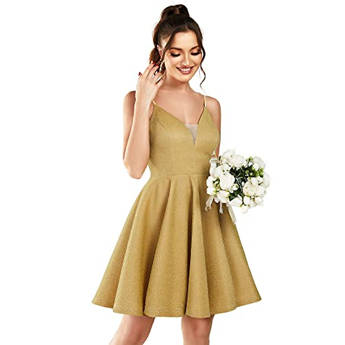 Ever-Pretty Women's Prom Dress Sparkle V Neck Sleeveless A-Line Mini Summer Dress Cocktail Dress Gold US4