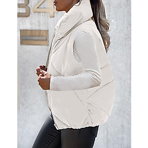 MEROKEETY Womens Puffer Vest Sleeveless Zip Up Quilted Coat Lightweight Stand Collar Gilet Jacket With Pockets White Large