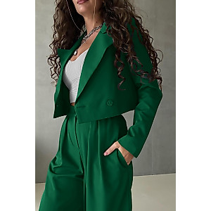 PRETTYGARDEN Women's 2 Piece Casual Outfits Cropped Blazer Jackets High Waisted Wide Leg Work Pants Suit Set (Green,X-Large)