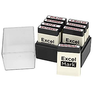 ExcelMark Mini Office Message Rubber Stamp Set - Red Ink - Storage Tray Included