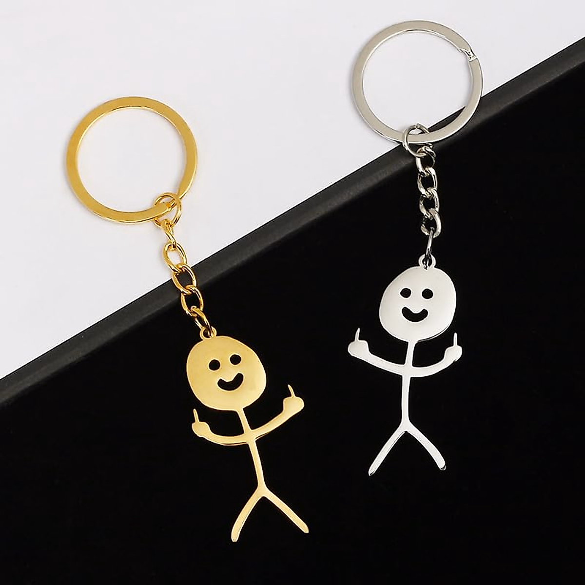 COLORFUL BLING Funny Doodle Stainless Steel Keychain Middle Finger Keyring Long Distance Friendship BFF Matching Jewelry Gift-2pcs