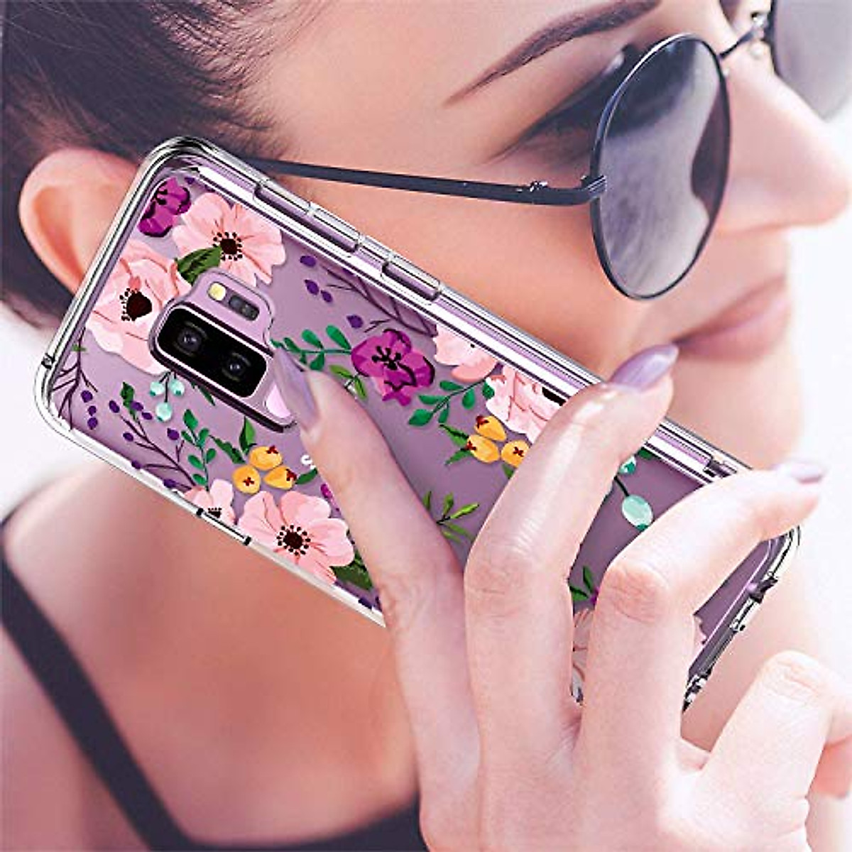 LUHOURI Samsung Galaxy S9 Plus Case Clear with Design for Girls Women,Shockproof Hard PC Cover and Soft TPU Bumper Slim Fit Protective Phone Case for Galaxy S9+ Plus 6.2 inch Purple Blossoms