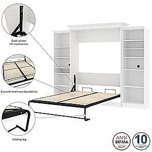 BOWERY HILL Vera Easy-Lift Queen Murphy Wall Bed with Double Bookcase Storage in White