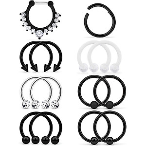 Yaalozei 16G Black Septum Rings Piercing Jewelry 16 Gauge Stainless Surgical Steel Septum Jewelry Horseshoes Cubic Zirconia Crystal Septum Nose Rings Earrings Hoop Piercing Jewelry for Women Men 10MM