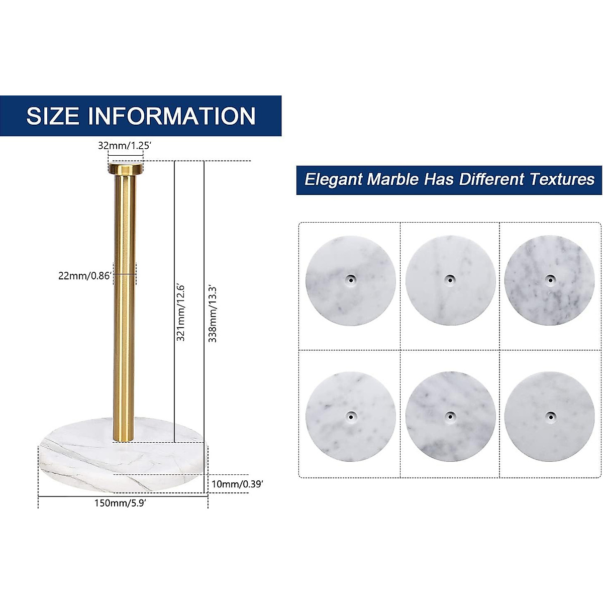 NearMoon Standing Paper Towel Holder, Kitchen Paper Towel Roll Holder- for Bathroom Kitchen Countertop, Standard or Jumbo-Sized Roll Holder (with Marble Base, Brushed Gold)