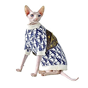 Sphynx Cat Clothes,Sphynx Hairless Cats Turtleneck Sweater Blue Line Aesthetic Design, Breathable Cat Wear Clothes Sweater for Sphynx, Cornish Rex, Devon Rex, Peterbald (L)