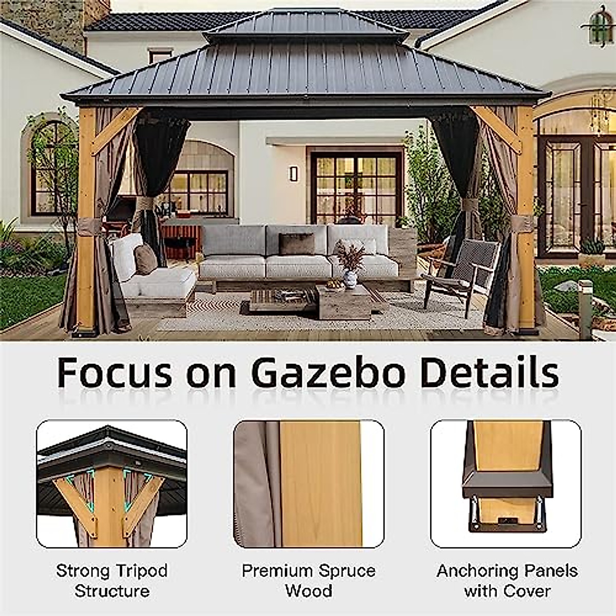 RITSU 12'x14' Gazebo, Hardtop Cedar Wood Frame Outdoor Canopy with Galvanized Steel Double Roof, Outdoor Permanent Metal Pavilion with Curtains and Netting for Patio, Backyard and Lawn, Brown