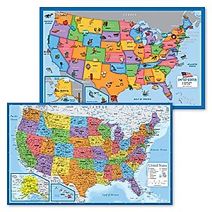 2 Pack - USA Map for Kids [Illustrated] + United States of America Map [Blue Ocean] (Laminated, 18" x 29")