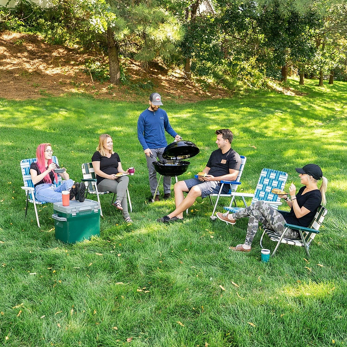 Lawn Chair USA | Folding Aluminum Webbed Chair for Camping, Sports, and Beach | Magnum - Spring Fling with Green Arms