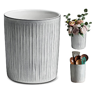 Utensil Holder for Kitchen, 7 Inches Cooking Utensil Crocks, Ceramic Large Utensil Caddy for Kitchen Countertop Organizer Vintage Farmhouse Kitchen Decoration, Chic Style Vertical Pattern Gray & Blue