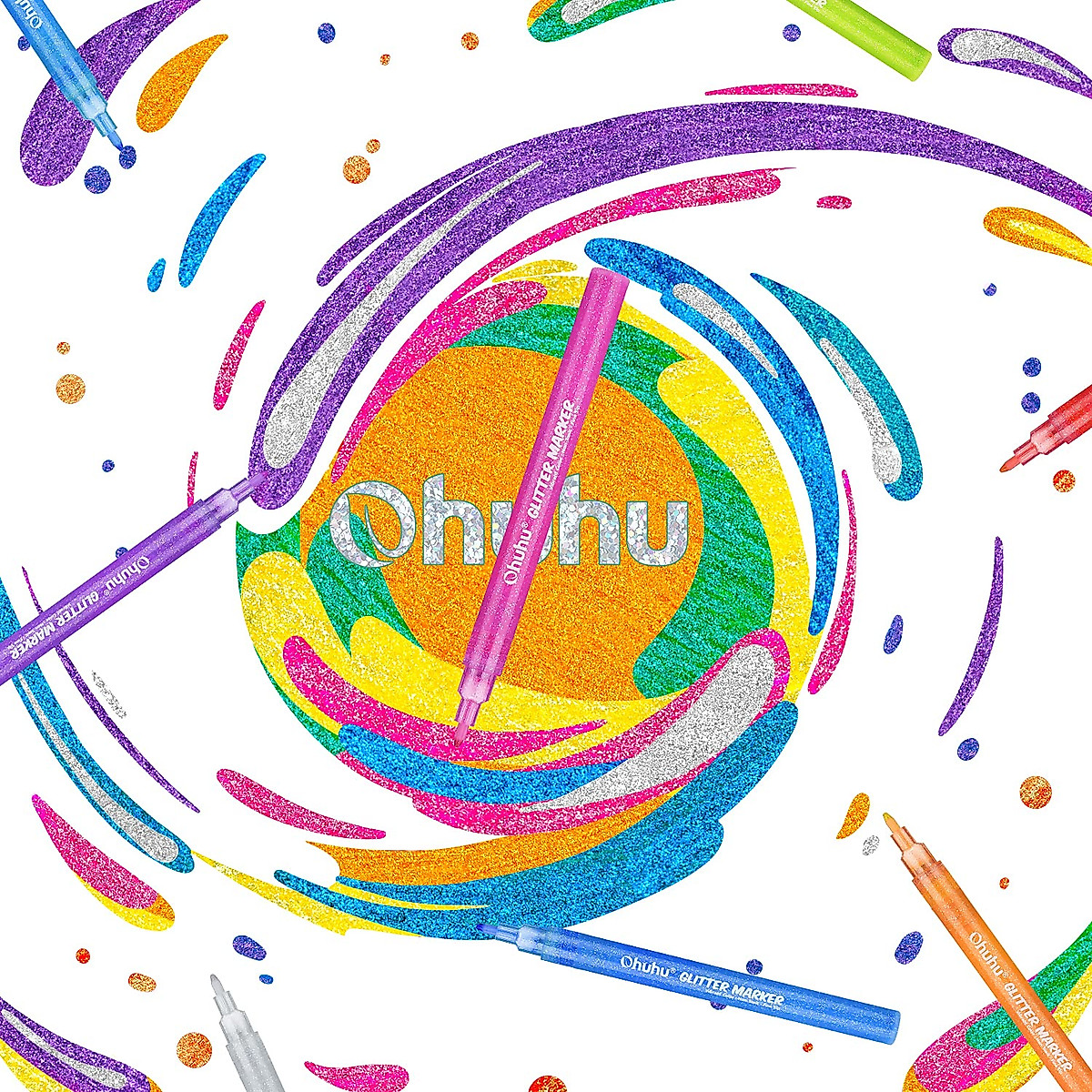 Ohuhu Glitter Markers Pen 12 Glitter Colors Metallic Marker Fine Point Tip Water-based Ink for Kids Adults DIY Crafts Greeting Birthday Cards Making Poster Album Scrapbooking Mugs Wood
