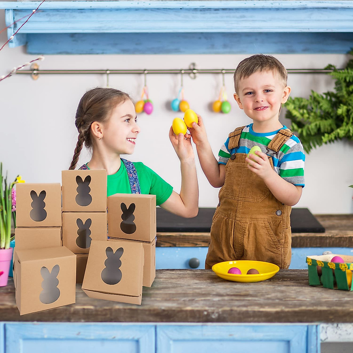 Whaline 24Pcs Easter Treat Boxes Kraft Cardboard Box with Bunny Shape Window Easter Spring Holiday Paper Gift Containers for Cookies Goodies Candies Sweets Easter Party Favor Supplies