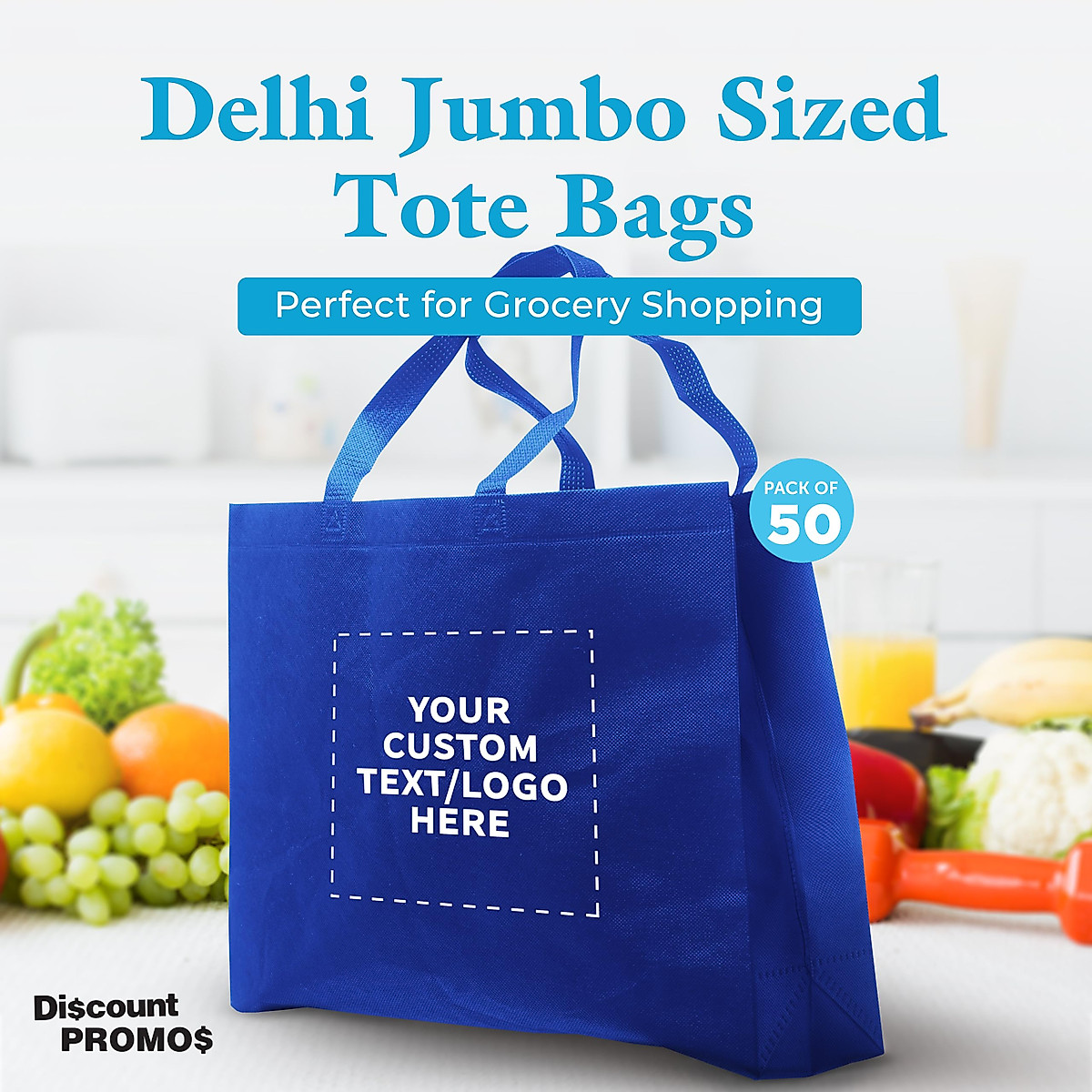 DISCOUNT PROMOS Custom Jumbo Sized Tote Bags Set of 50, Personalized Bulk Pack - Reusable Grocery Bags, Shopping Bags, Promotional Item Totes for Women - Blue