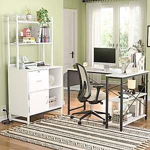 Homieasy Vertical Filing Cabinet with Lock & Charging Station, Large Drawer Wood File Cabinet with Bookshelf, Printer Stand with Open Storage Shelf, fits Letter Size for Home Office, White