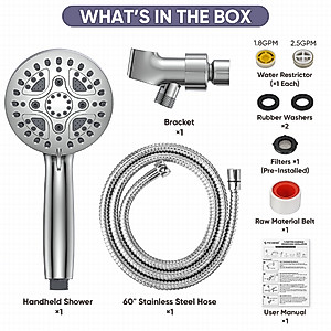 TICONN 7-Function Shower Head with Handheld, High Pressure Shower Heads Set with Stainless Steel Hose & Adjustable Bracket Toolless (Chrome)