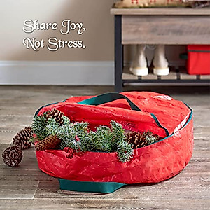 ZOBER Christmas Wreath Storage Bag - Water Resistant Fabric Storage Dual Zippered Bag for Holiday Artificial Christmas Wreaths, 2 Stitch-Reinforced Canvas Handles (Set of 2,24 Inch, Red)