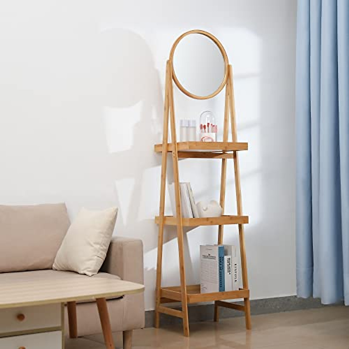 Proman Products Vega 3-Tier Bamboo Shelf Rack with Mirror ST17163, 17" W x 14" D x 64" H, Natural
