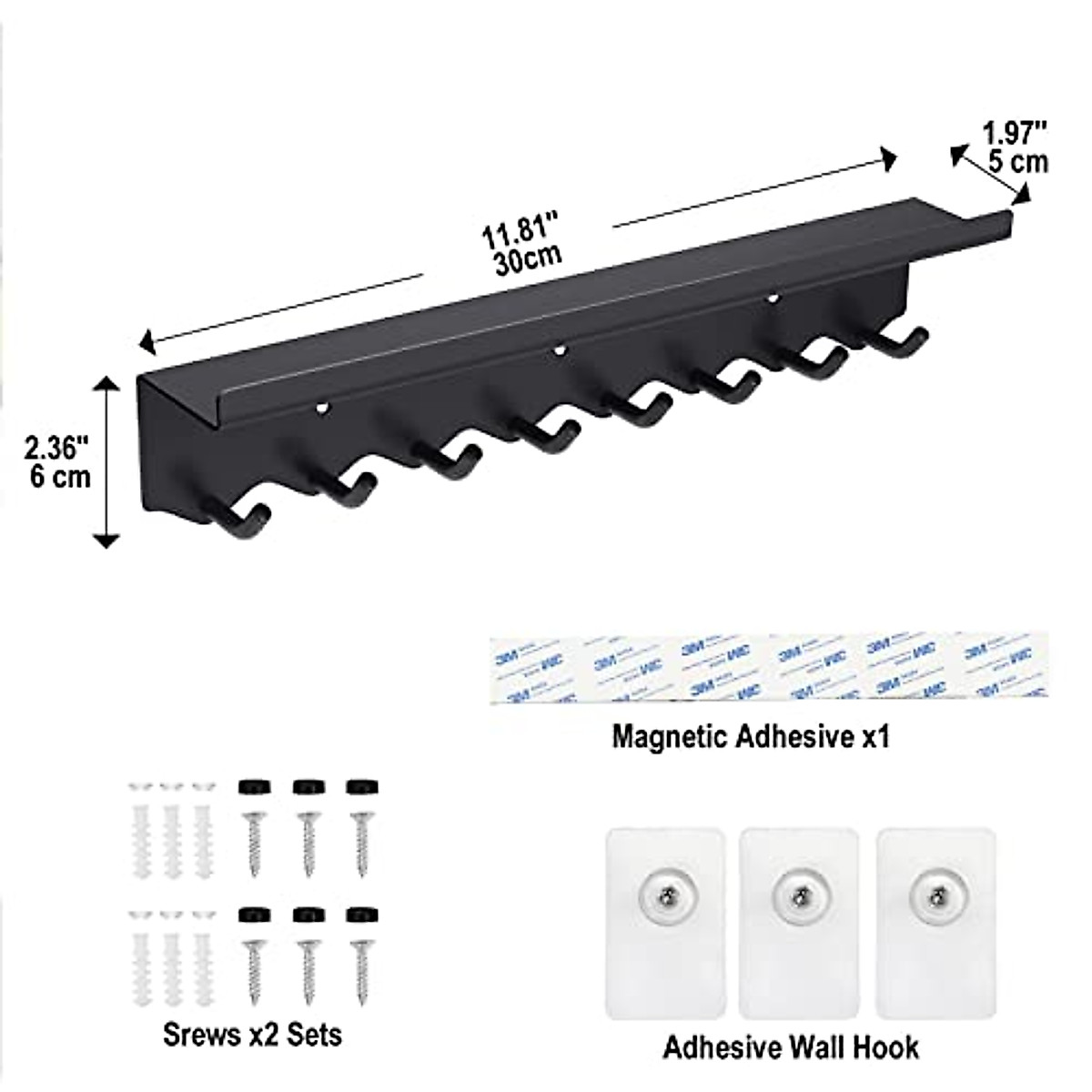 Volnamal Magnetic Key Holder for Wall Decorative - Premium Magnets Wall Mounted Key and Mail Organizer, Adhesive Key Rack Hanger for Entryway, Refrigerator with 8 Hooks(Black)