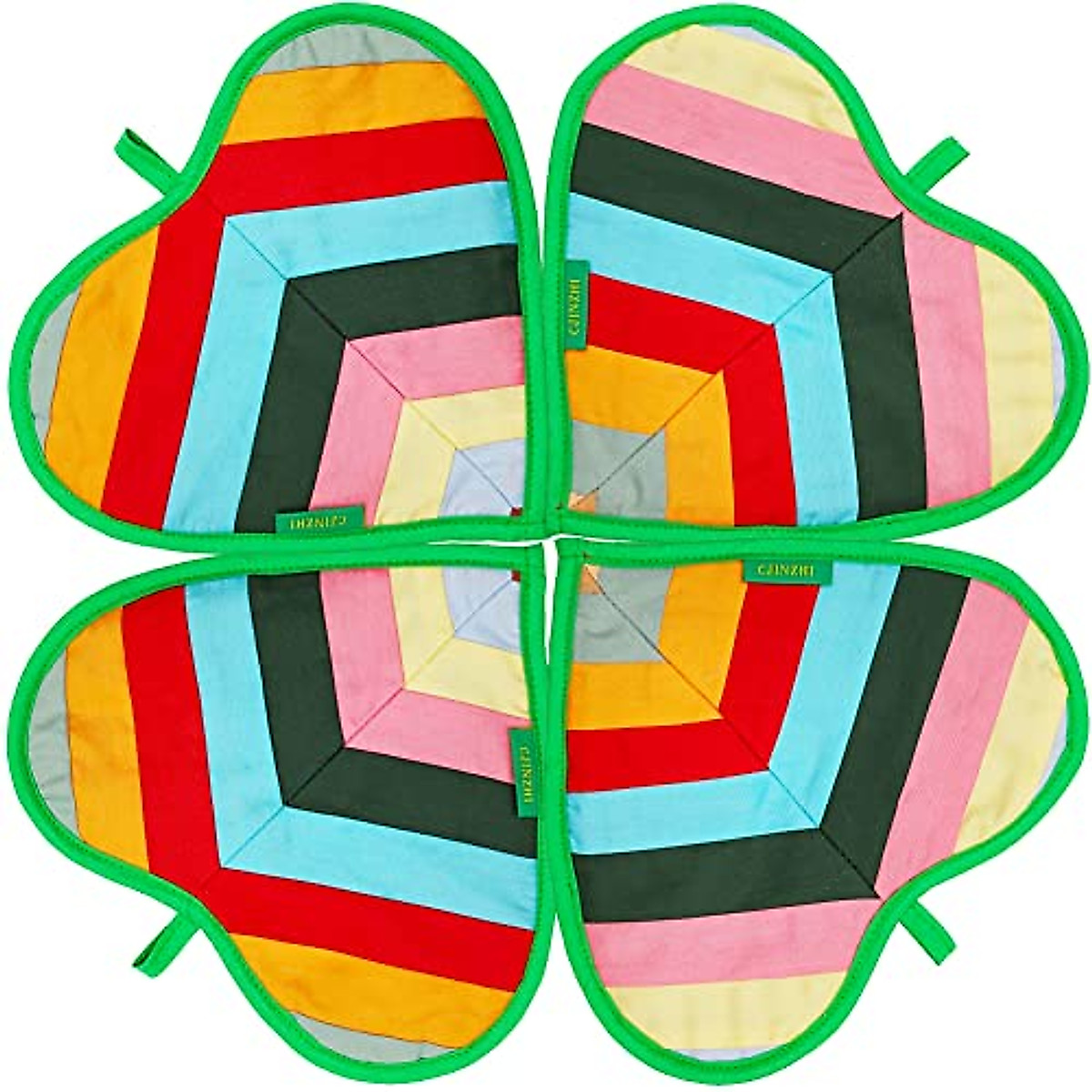 CJINZHI Pot Holders for Kitchen, 2pcs Fabric Patchwork Mats 100% Cotton Heat Resistant Pads with Hanging Loop Loves Shaped Colored Stripe Pattern for BBQ/Cooking/Baking/Grilling/Microwave/Barbecue.