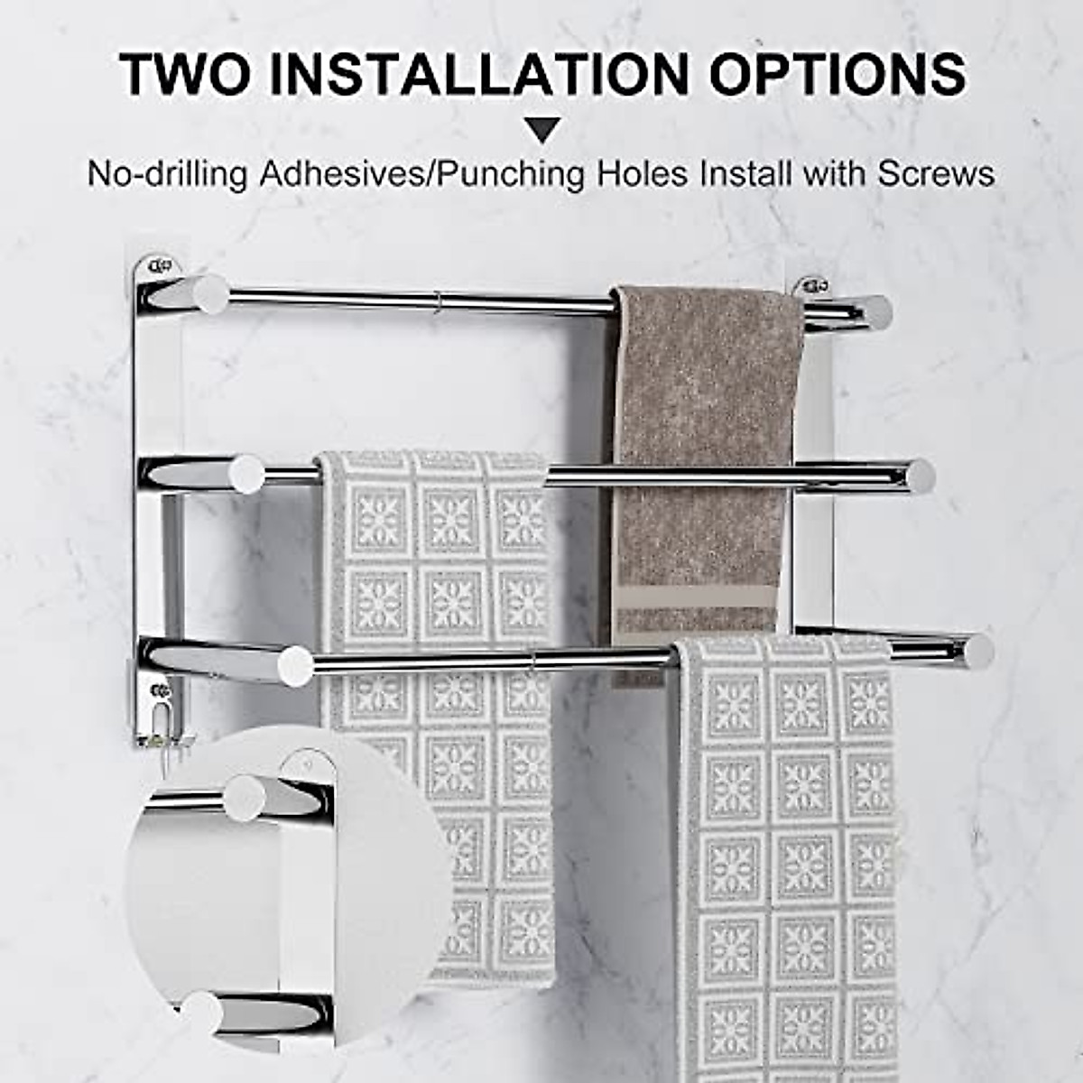 Mlesi Towel Bars Freely Retractable 17-31 Inches Bathroom Towel Rack with Hooks,SUS304 Stainless Steel 3-Tiers Towel Rails Wall Mounted No Drill Sdjustable,Bathroom Towels Shelves Rack with Adhesives